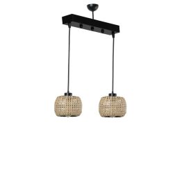 Suspension 2 lumières alignés Tropaeum Métal Noir et Rotin Beige